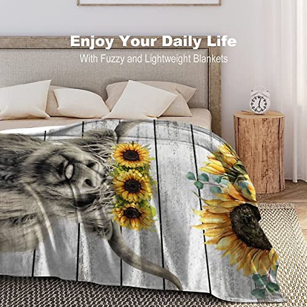 rumwall Highland Cow Blanket Sunflower Cow Flannel Throw Blanket for Living Room Couch Bed Sofa Kids Adults All Seasons 50"X40"