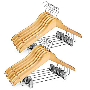 cozymood Wooden Hangers with Clips 12 Pack Premium Wooden Coat Hangers for Closet Durable Natural Wooden Pants Hangers with Clips Heavy Duty Hangers for Pants, Suits, Skirts, Jeans, Shirts, Shorts