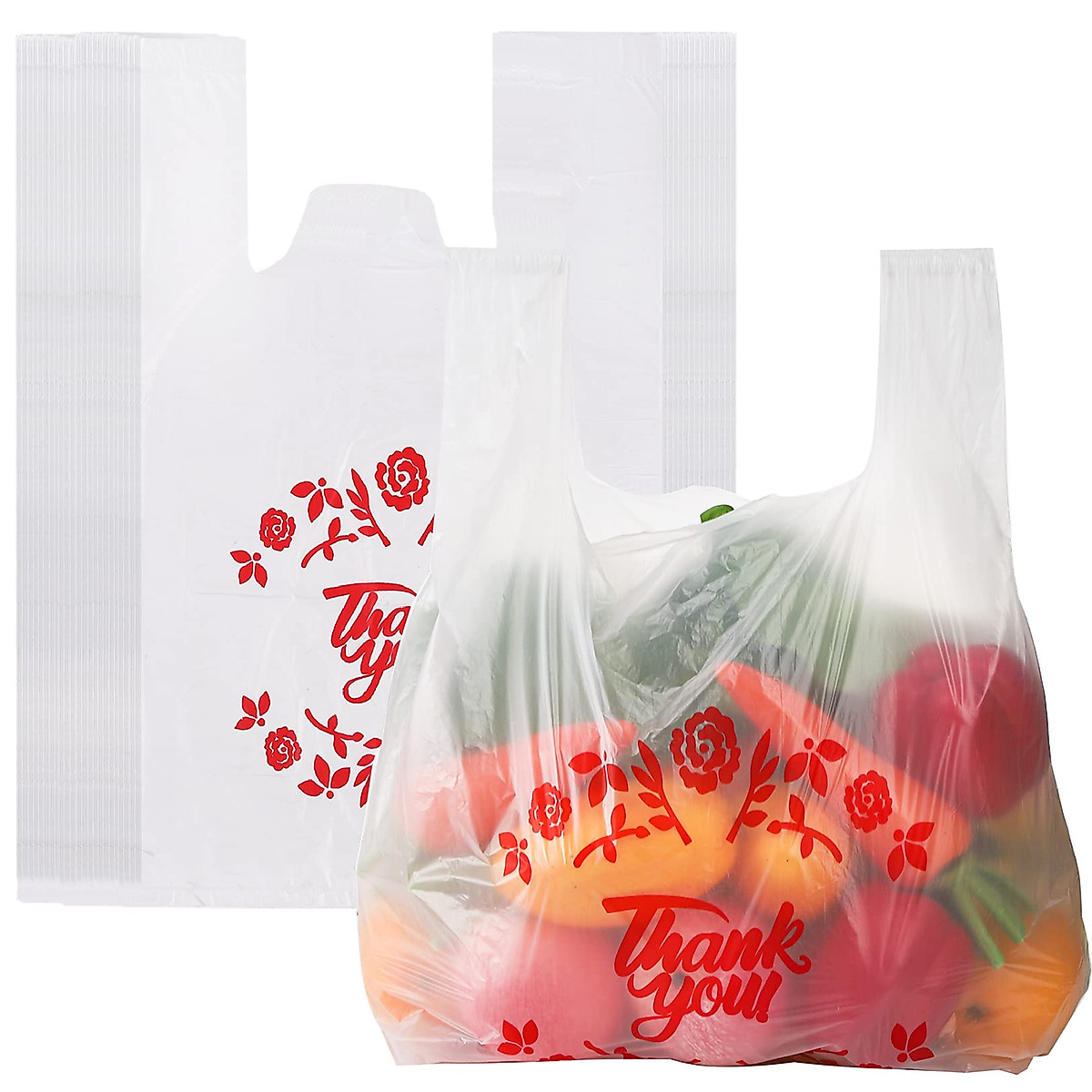 Yesland 500 Ct Plastic Bags, Thank You Reusable Grocery Bag Disposable T-shirts Carryout Shopping Bags, 13 x 7 x 21 Inch, 15 Mic, 0.6 Mil Bulk Shopping Bags for Grocery Retail Restaurant, Red Flower