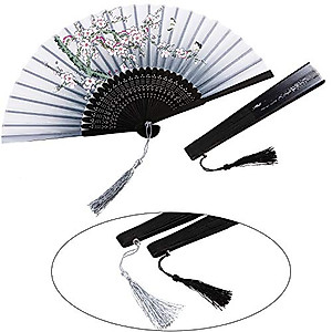 Zonon Handheld Floral Folding Fans Hand Held Fans Silk Bamboo Fans with Tassel Women's Hollowed Bamboo Hand Holding Fans for Women and Men (2 Gray, 2 Black)