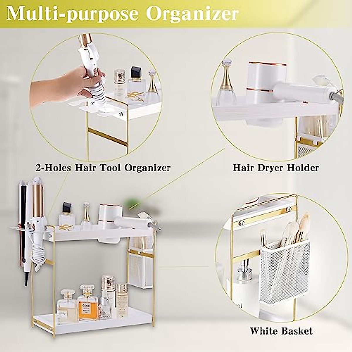 Bathroom Countertop Organizer with Hair Tool Storage Organizer, 2 Tier Bathroom Organizer Countertop with Hair Blow Dryer Holder, White Bathroom Counter Organizer with Basket for Vanity Counter