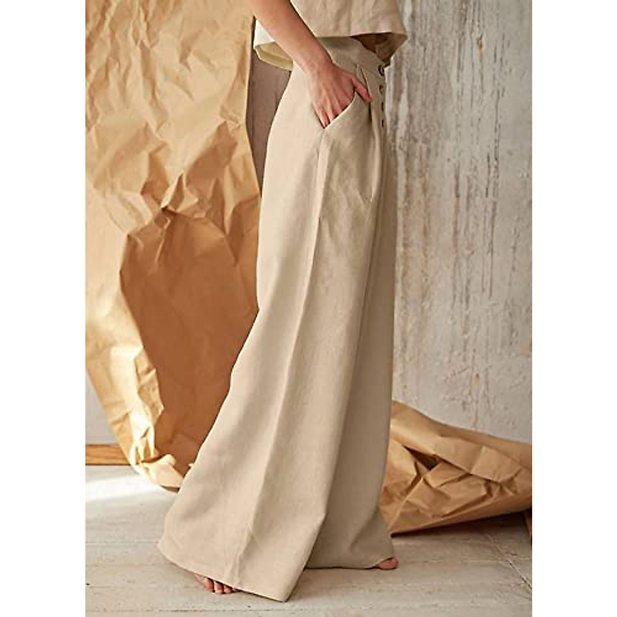 chouyatou Women's Summer High Waisted Cotton Linen Palazzo Wide Leg Casual Pants with Pockets (Large, Khaki)