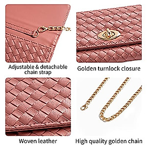 U+U Small Wallet Purses for Women Crossbody Bag Woven Credit Card Holder with Detachable Metal Chain Cell Phone Purse Women's Shoulder Handbags(Pink)