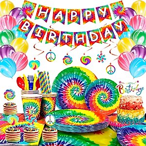 Tie Dye Birthday Party Supplies,175pcs Tie-Dye Party Tableware Set-Tie Dye Party Plates Cups Napkins Tablecloth Banner Balloon Hanging Swirl Cake Topper etc Tie Dye Birthday Decorations for Girls/Boys