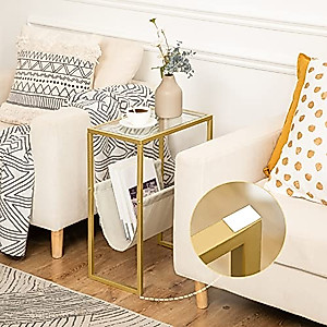 HOOBRO Narrow Side Table, Tempered Glass End Table with Fabric Magazine Sling, Small Coffee Accent Table, Bedside Table for Small Space, Bedroom, Living Room, Modern Style, Gold GD66BZ01