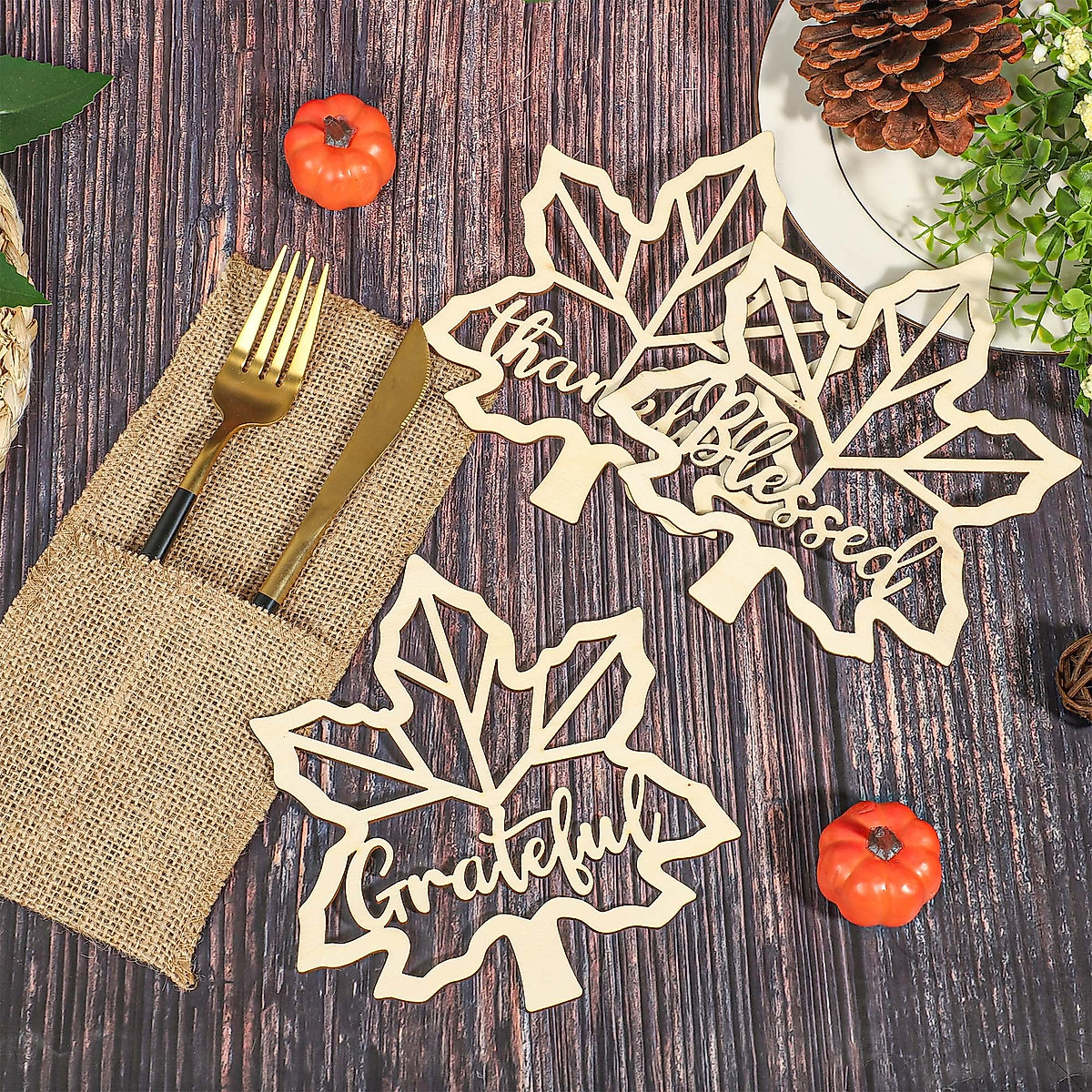 Fall Plate Decor 12 Pieces Pumpkin Wood Cutouts Thanksgiving Table Setting Wooden Word Cards with 12 PCS Burlap Cutlery Pouch Bags for Holiday Harvest Utensil Home Party Decor
