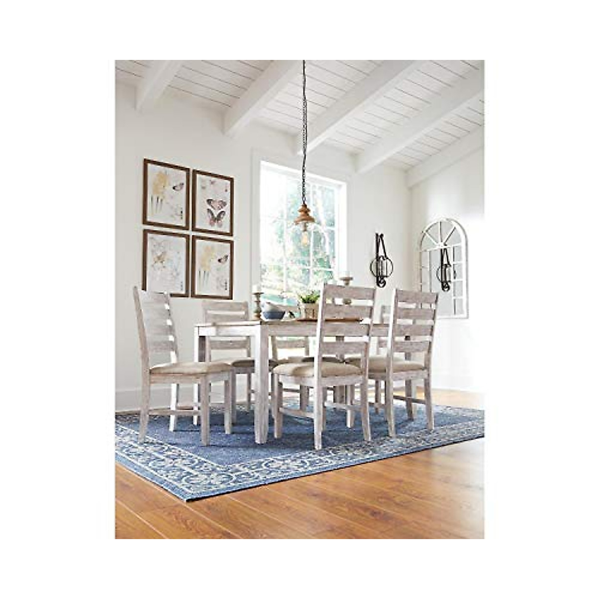 Signature Design by Ashley Skempton Cottage Dining Room Table Set with 6 Upholstered Chairs, Whitewash, 60" x 36" x 30"