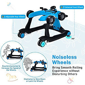 BABY JOY 4-in-1 Baby Walker, Foldable Activity Walker w/Adjustable Height & Speed, Music, Lights, Steering Wheel, Comfy Seat Cushion, Activity Baby Push Walker for Boys Girls Aged 6–18 Months (Blue)