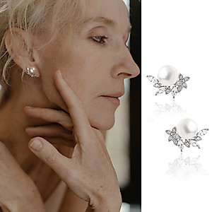 Pearlsays Natural Pearl Earrings for Women 925 Sterling Silver Cubic Zirconia Earrings Jewelry for Women AAAA Quality Real White Freshwater Pearl from The Pearls Source (8.00, Natural Pearl Zirconia