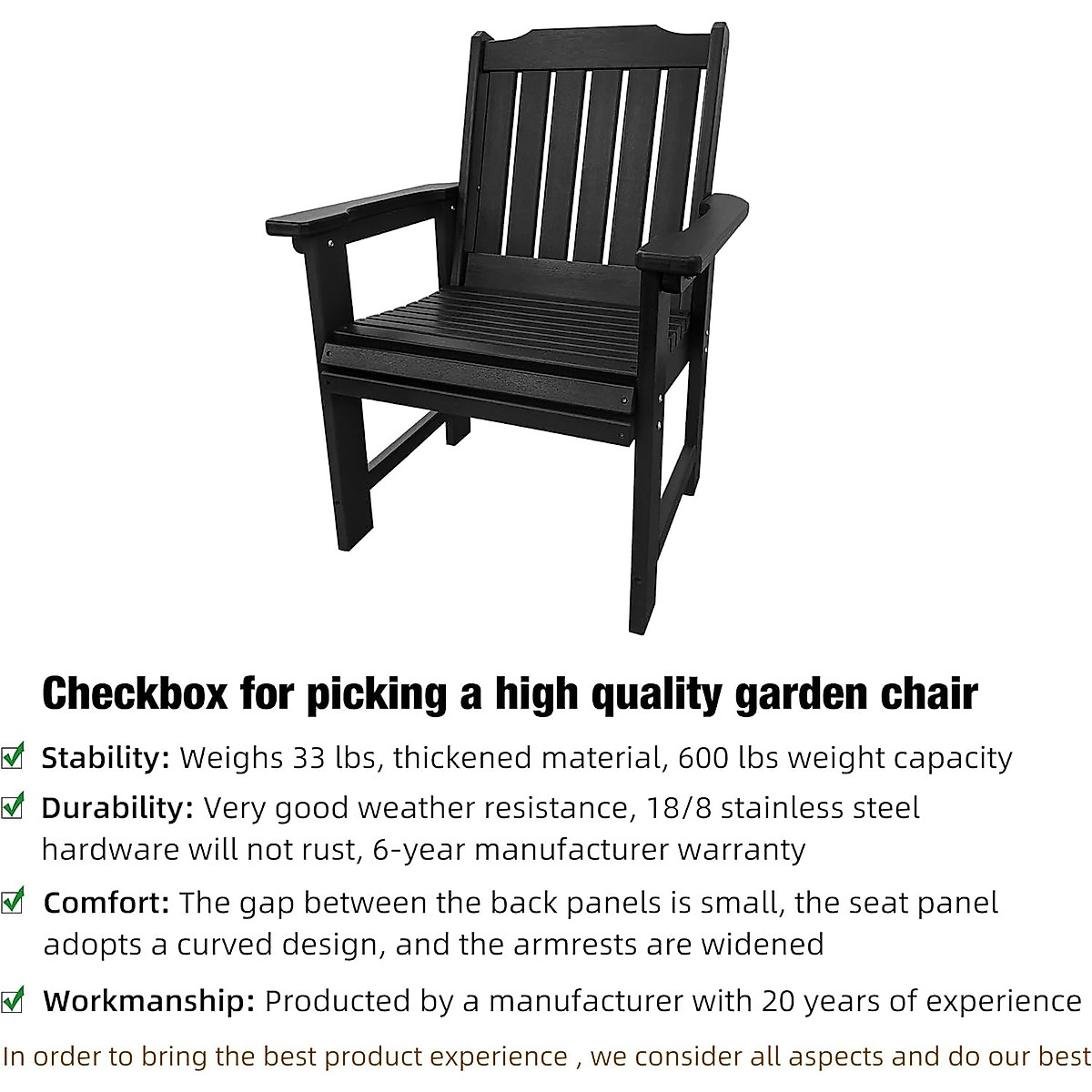 Fortune Candy HDPE Patio Dinning Chair, Outdoor Chair with 18/8 Stainless Steel Hardware, Heavy Duty 600 LBS, for Outdoor Patio Garden Yard (Carbon Black)