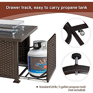 U-MAX 44in Outdoor Propane Gas Fire Pit Table, 50,000 BTU Auto-Ignition Gas Firepit with Glass Wind Guard, Black Tempered Glass Tabletop & Blue Glass Rock, Brown PE Rattan, CSA Certification