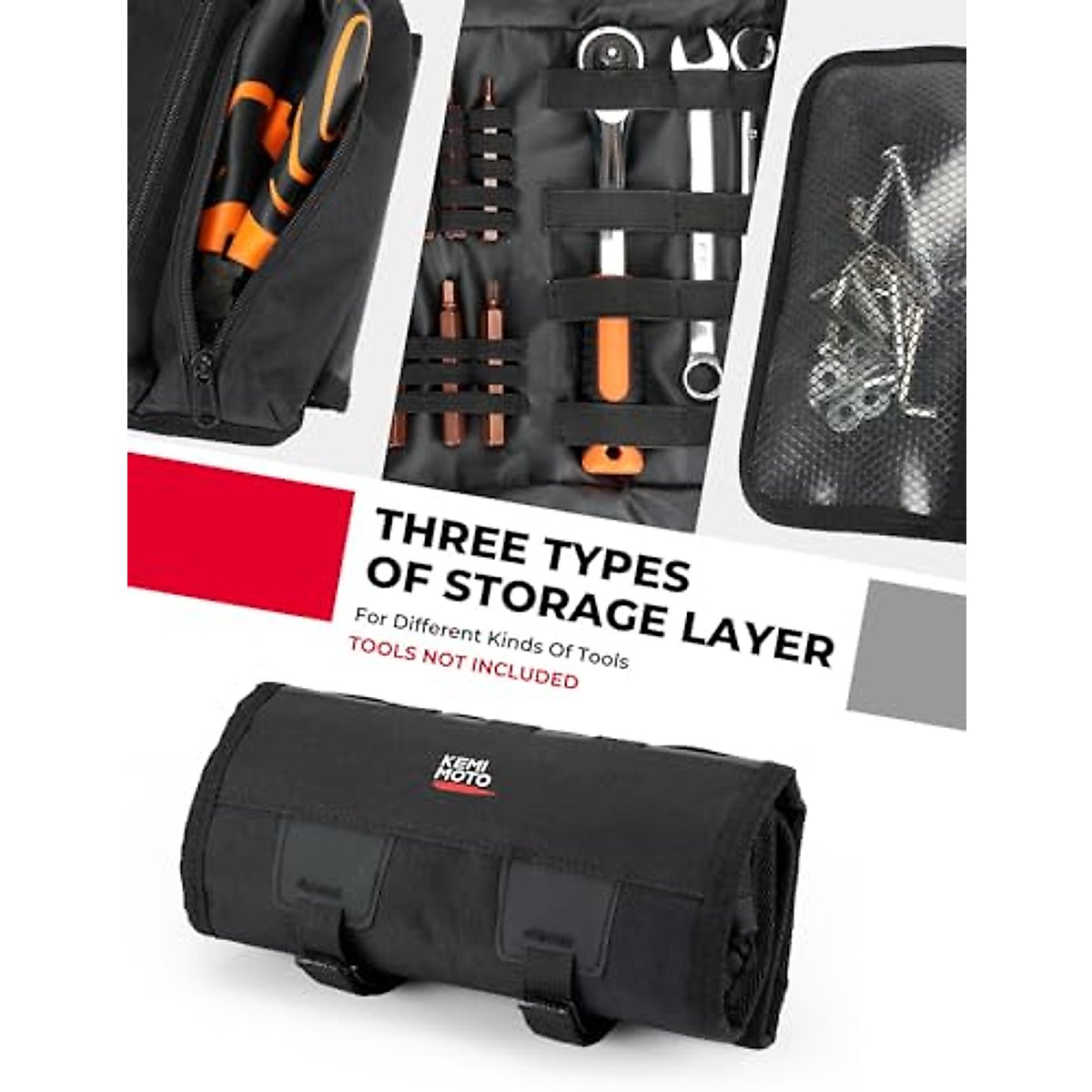 KEMIMOTO Motorcycle Tool Bag [Tool Not Included], Handlebar Tool Roll Black Tool Organizer with Elastic Loops Pockets Durable Tool Pouch for Motorcycles Softail Dyna Sportster