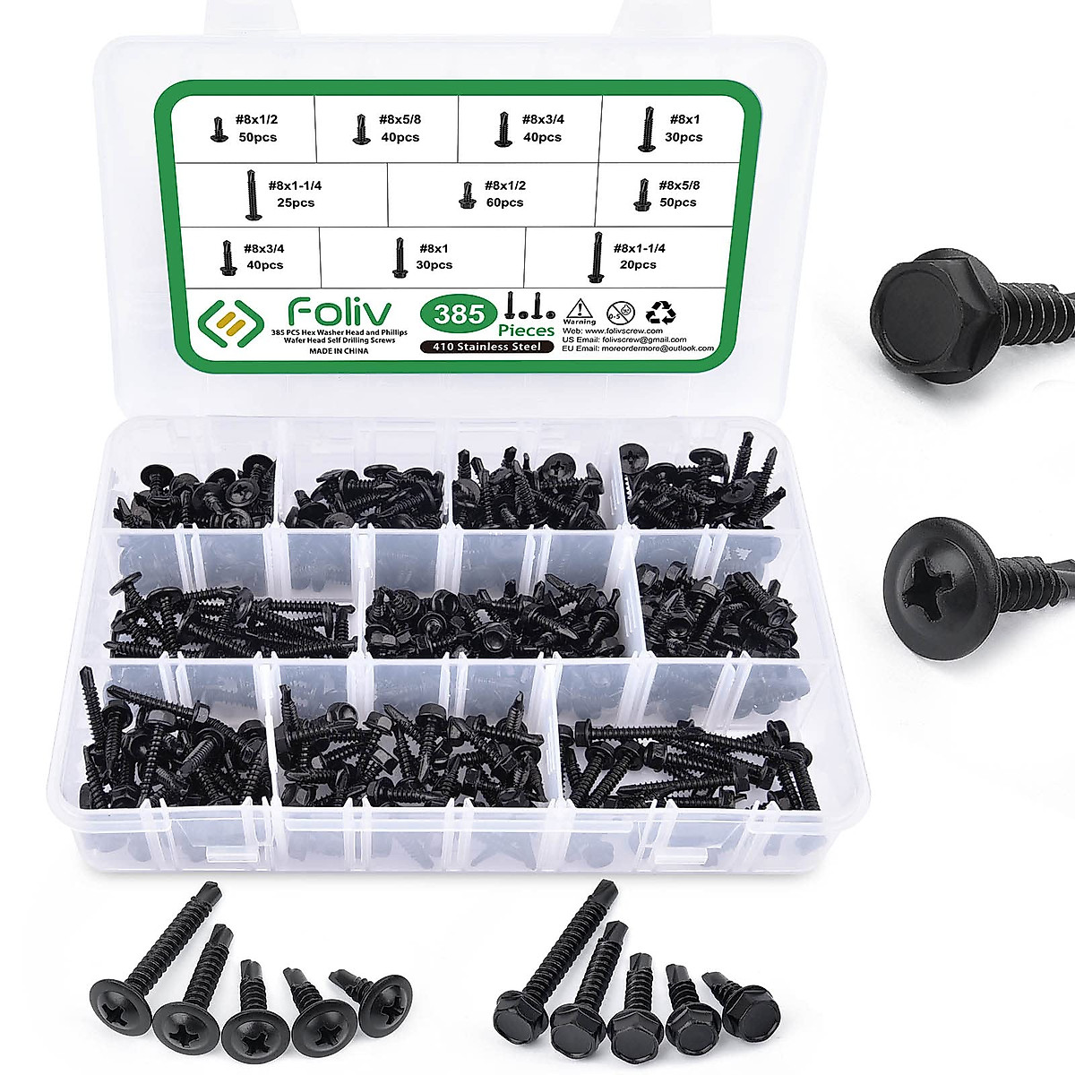 FOLIV 385PCS #8 Self Drilling TEK Screw Assortment Kit, 410 Stainless Steel Black Self Tapping Tcrews, Hex Washer Head & Modified Truss Head Black Screws, Length 1/2" to 1-1/4"