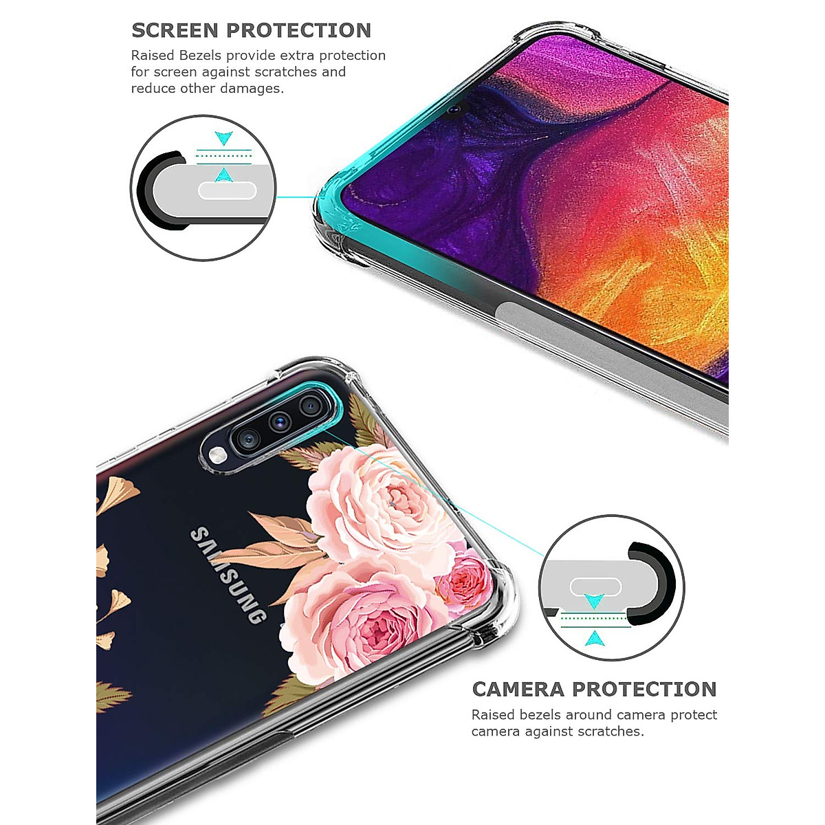 GREATRULY Floral Clear Case for Galaxy A50 for Women Girls,Pretty Phone Case for Samsung Galaxy A50 (2019),Flower Design Transparent Slim Soft Drop Proof TPU Bumper Cushion Silicone Cover Shell,FL-K