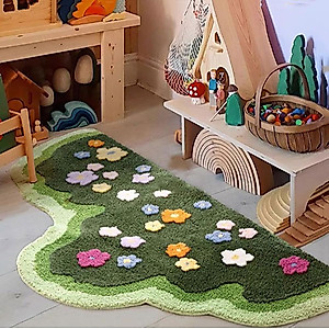 YYINYXY Green Moss Carpet for Bedroom 3D Irregular Aesthetic Bed Rug Living Room Cute Floral Sofa Rug Microfiber Fleece Carpet Home Decor (20x39'')