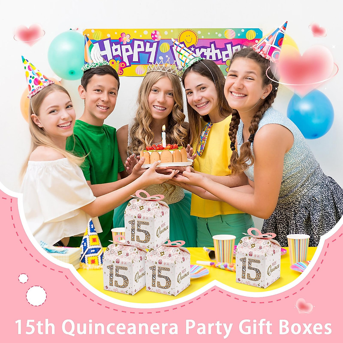 Qonmpcvu 50PCS 15th Birthday Box 13" 15th Birthday Party Favor Boxes Quinceanera Party Decorations Mis Quince Anos, Sweet 15 Birthday 15th Birthday Box Decoration Rose Gold For Guest Party