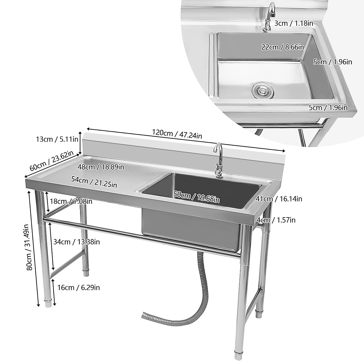 304 Stainless Steel Utility Sink Free Standing Outdoor Sink, Single Bowl Commercial Kitchen Sink w/Workbench, Stainless Steel Prep & Utility Sink for Restaurant, Kitchen, 47" x 24" x 32" (US Stock)