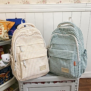 Kawaii Backpack with Cute Accessories Large Capacity Checkered Plaid Rucksack for Women Trendy Aesthetic Casual Daypack (Green)