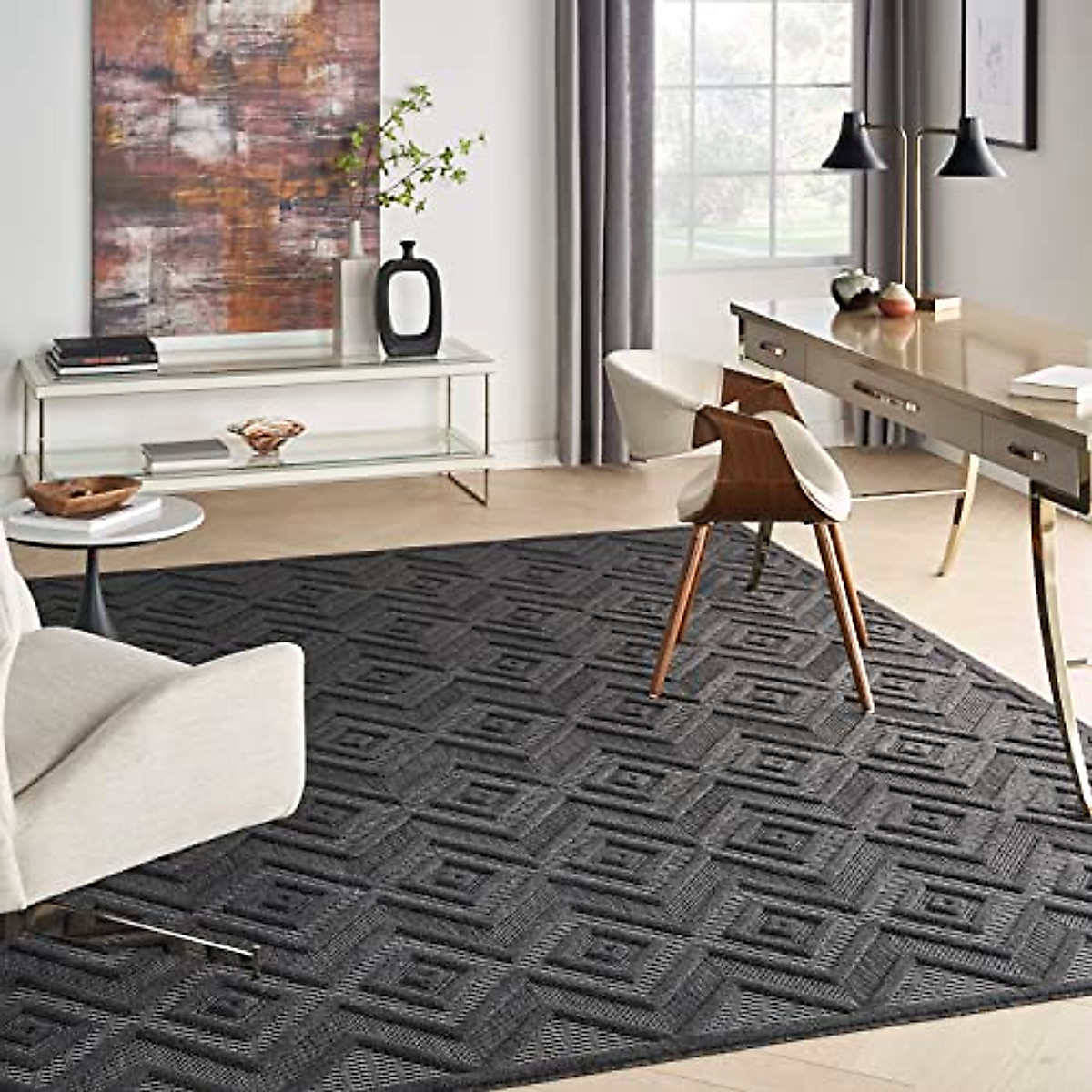 Nourison Versatile Indoor/Outdoor Charcoal/Black 7' x 10' Area-Rug, Easy-Cleaning, Non Shedding, Bed Room, Living Room, Dining Room, Kitchen (7x10)