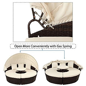 Merax Patio Round Daybed Furniture Set with Retractable Canopy, Coffee Table & Waterproof Cushions, Outdoor Wicker Rattan Sectional Sofa Set for Garden Poolside Backyard Lawn Porch (Beige, 4 Piece)