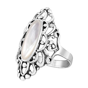 AeraVida Cute Heart Filigree Oval Mother of Pearl .925 Sterling Silver Ring