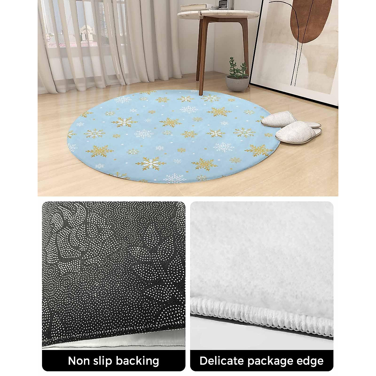 Snowflake Blue Fluffy Round Area Rug Carpets 3.3ft, Plush Shaggy Carpet Soft Circular Rugs, Non-Slip Fuzzy Accent Floor Mat for Living Room Bedroom Nursery Winter Christmas Contemporary Gold White