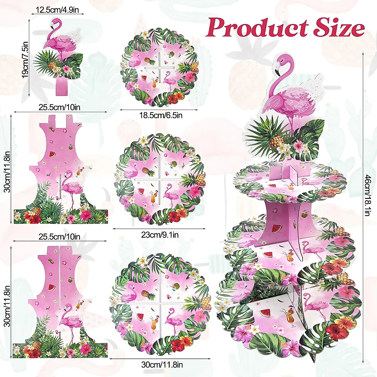 Rainmae 3 Tier Pink Flamingo Cupcake Stand, Hawaiian Theme Cupcake Holder, Luau Aloha Cake Holder Decorations, Dessert Tower Tropical Supplies Baby Shower for Summer Pool Beach Birthday Party Supplies