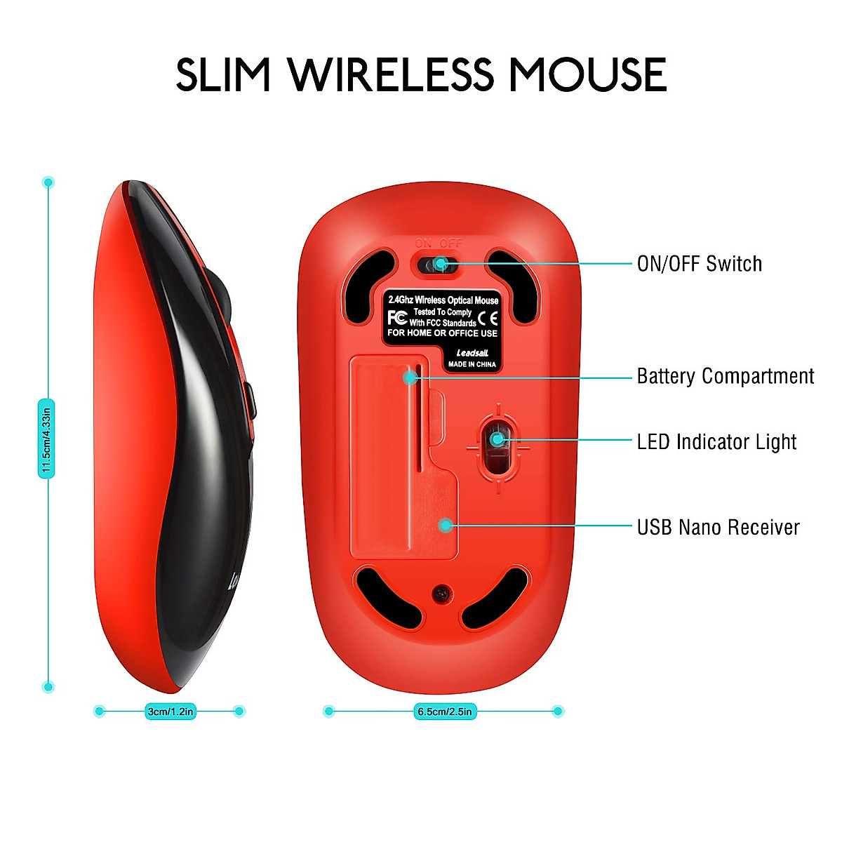 LeadsaiL Wireless Computer Mouse, 2.4G Portable Slim USB Mouse, Silent Click Cordless Mouse 3 Adjustable Levels, 4 Buttons Laptop Mouse for Windows Mac PC Notebook
