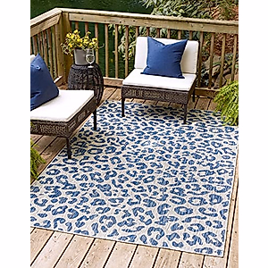 Unique Loom Outdoor Safari Collection Area Rug - Leopard (7' 1" x 10' Rectangle, Blue/ Gray)