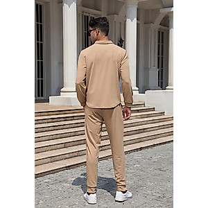 FZNHQL Men's Golf Polo Suits Stylish Athletic Tracksuits Two Piece Casual Long Sleeve Jogging Gym Sweat Suits Outfit for Men Workout Sports Set Khaki Brown XL