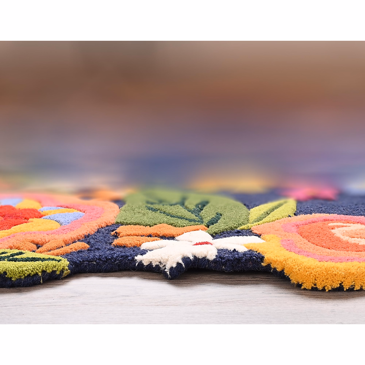 Handmade Colorful Roses Floral Wool Area Rug | Irregular Shape, Blossom & Vibrant Multi-Colored Garden Flower Pattern | Thick & Soft Carpet for Living, Bedroom & Kitchen Deco (Navy, 5' x 8')