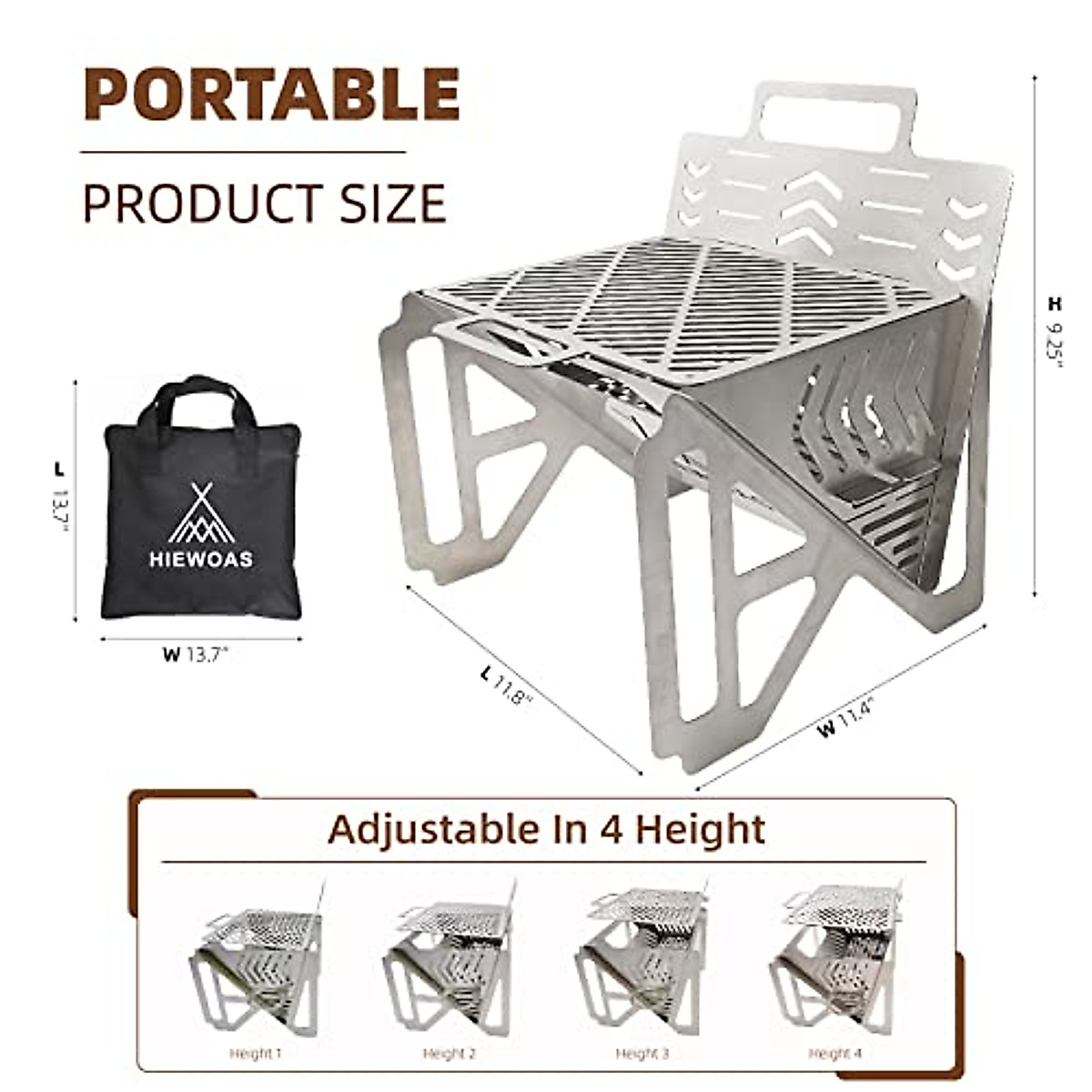 HIEWOAS Portable Fire Pit with BBQ Grill, 304 Stainless Steel Campfire Grill, Camping Firepit Charcoal Grill Outdoor Bon Fire Wood for Car Camping Patio Garden Backyard