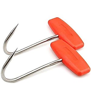 TIHOOD 2PCS Meat Hooks for Butchering,T Shaped Boning Hooks with Handle 6 inch Stainless Steel Butcher Shop Tool Kit (Orange x2)