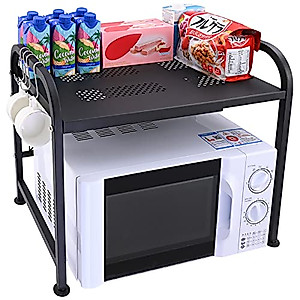 Expandable Microwave Shelf Rack Unit Kitchen Storage Stand Countertop Organizer w/ 4 Hooks 2-Tier Steel (L16.1"~26"x Depth13.58"x Height Clearance 14") for Toaster, Max Load 83lbs, Matte Black