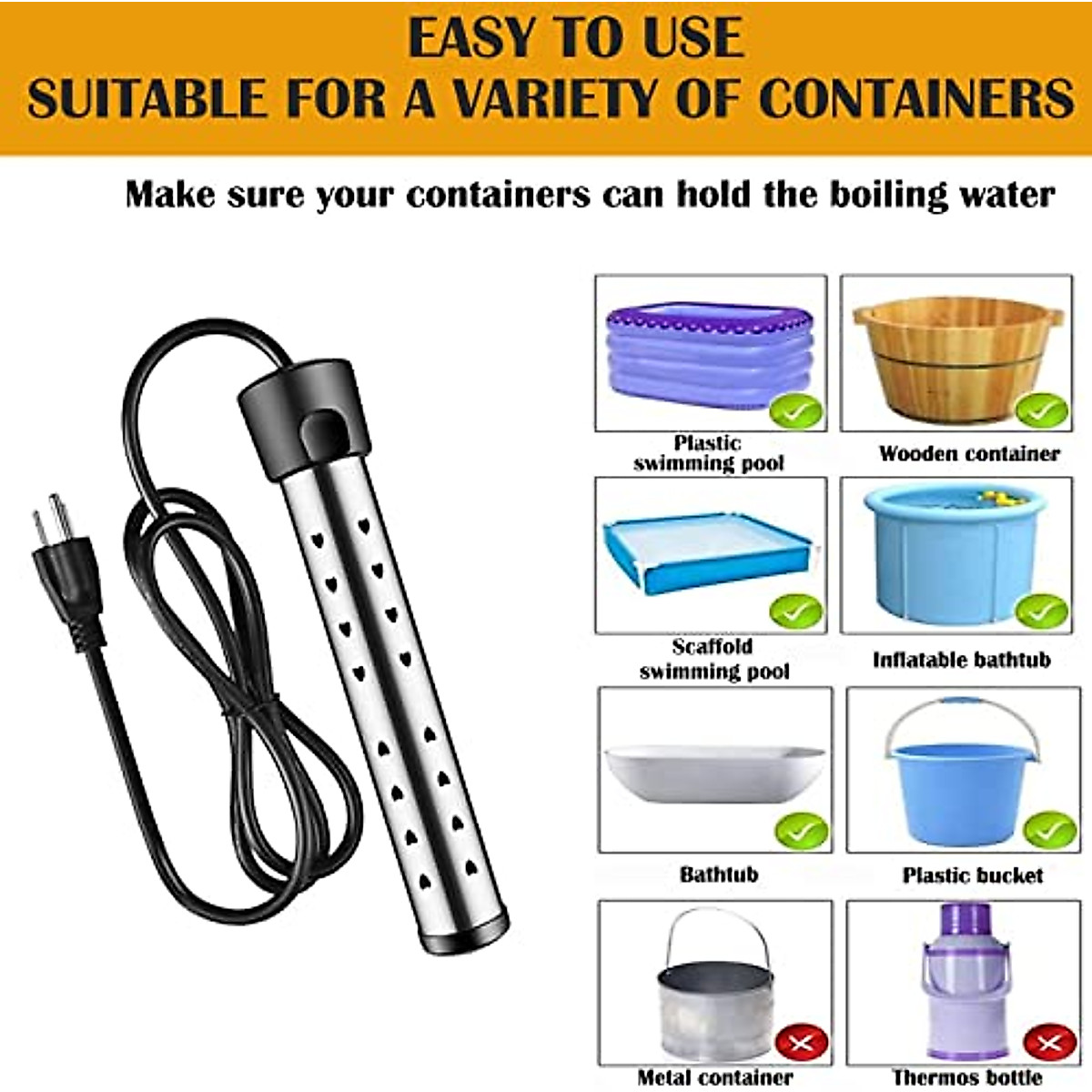 Lakkzoom Immersion Water Heater with 304 Stainless Steel Cover Intelligent Temperature Control and Digital LCD Thermometer Electric Portable Bucket Heater Heat 5 Gallons of Water in Minutes 1500W