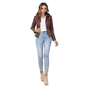 DIASHINY Faux Leather Jacket For Women Removable Hooded Moto Biker Coat Brown M