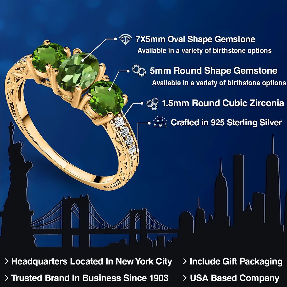 Gem Stone King 18K Yellow Gold Plated Silver Green Tourmaline and Green Chrome Diopside Ring For Women (1.82 Cttw, Gemstone Birthstone, Available In Size 5, 6, 7, 8, 9)