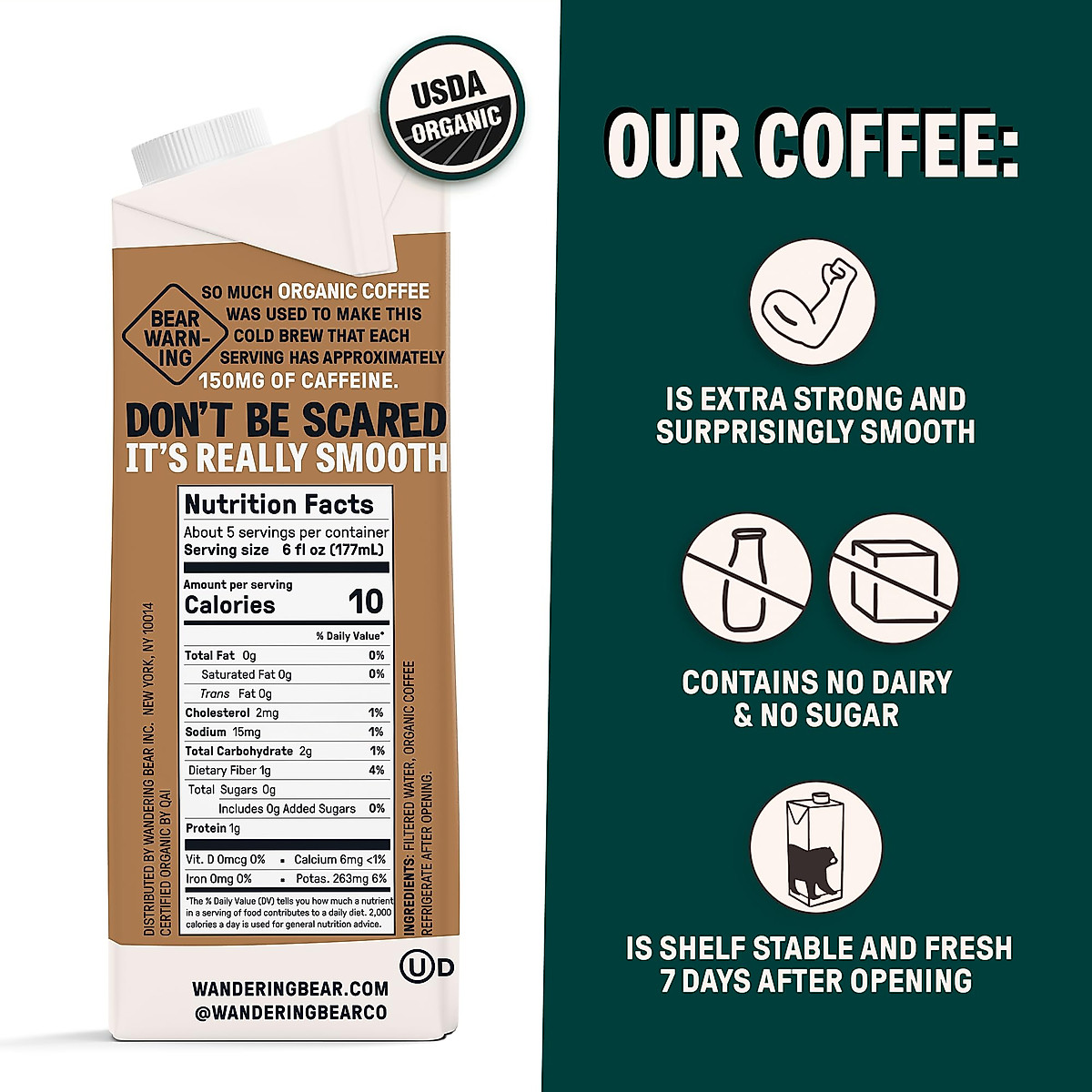 Wandering Bear Straight Black Organic Cold Brew Coffee, Iced Coffee, 32 fl oz, 6 pack - Extra Strong, Smooth, Unsweetened, Shelf-Stable, Ready to Drink, Cold Brewed Coffee, Cold Coffee