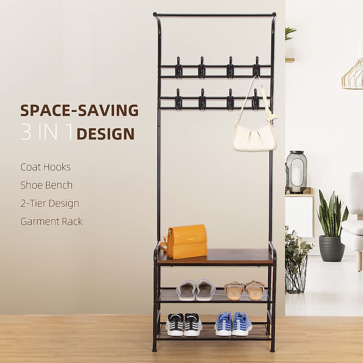 IDEALHOUSE Hall Tree, Entryway Bench, Coat Rack Freestanding Shoe Bench, 3 in 1 Hall Tree Entryway Storage Bench, Multifunction Bench with Steel Frame, 8 Large Hooks, 3-Tier Storage Shelf