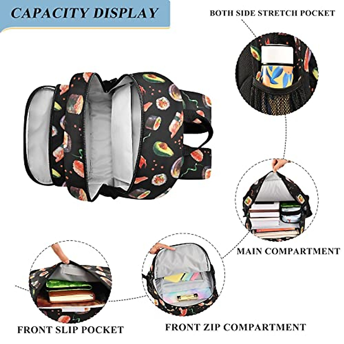 Vnurnrn Kids Backpack Japanese Sushi Print Big Storage Multi Pockets 17.7 IN School Backpack with Chest Buckle Reflective Strip for Boys Girls 6+ years in Primary Middle High School