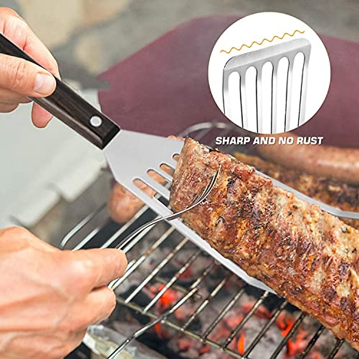 TENTA TENTA KITCHEN Set of 2 Stainless Steel Fish Spatula and Fish Turner Wooden Handle and Stainless Steel Handle Slotted Turner BBQ Fry Turner for Cooking Fish/Meat/Dumpling