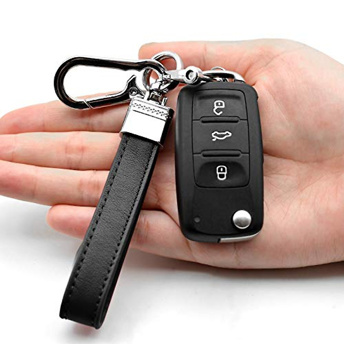 INFIPAR Multifunctional Car and Home Keychain Black Genuine Leather Key Chain and Metal Key Rings for Men Women, with 360 Degree Rotatable Snap Swivel and Anti-lost Screw