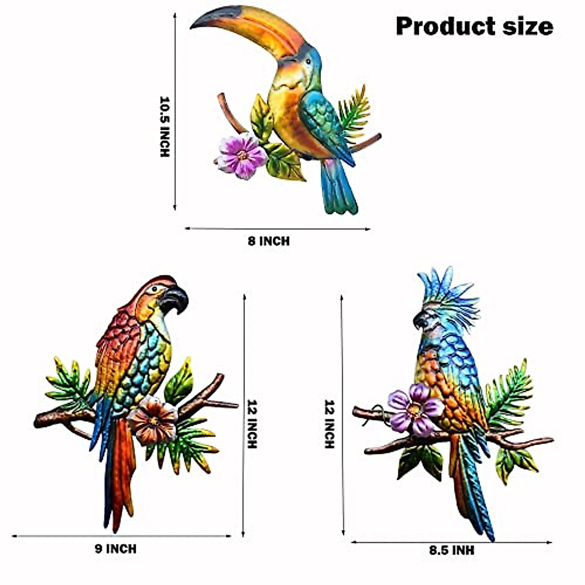J-Fly Metal Parrot Wall Decor Tropical Outdoor Wall Decor Parrot Outdoor Metal Wall Art Metal Bird Wall Decor Outdoor Toucans Decor Patio Wall Fence Garden Home Kitchen Decor 11 Inch