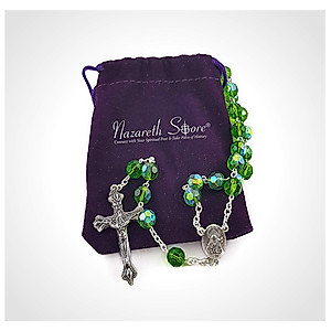 Nazareth Store Green Crystallized Glass Beads Rosary Necklace Holy Mary Medal & Cross Crucifix Handmade Christian Holy Rosary for Men and Women