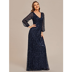 Ever-Pretty Women's Sequin A-Line V Neck Beaded Gown Long Sheer Sleeves Cocktail Evening Gown Navy Blue US10