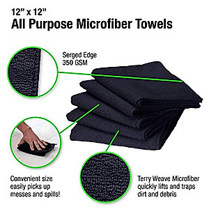 Eurow Microfiber Premium 350GSM Cleaning Towels, 12" by 12", Black, 25 Pack