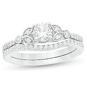 Round Cut 1/6 CT Simulated Diamond Leaf-Sides Vintage-Style Bridal Engagement Wedding Ring Set For Womens In 925 Sterling Silver