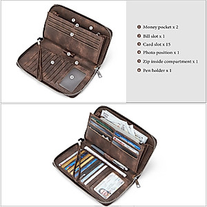 Telena Leather Wallets for Women Slim Zip Around Wristlet Clutch Purse Large Phone Holder Retro Coffee