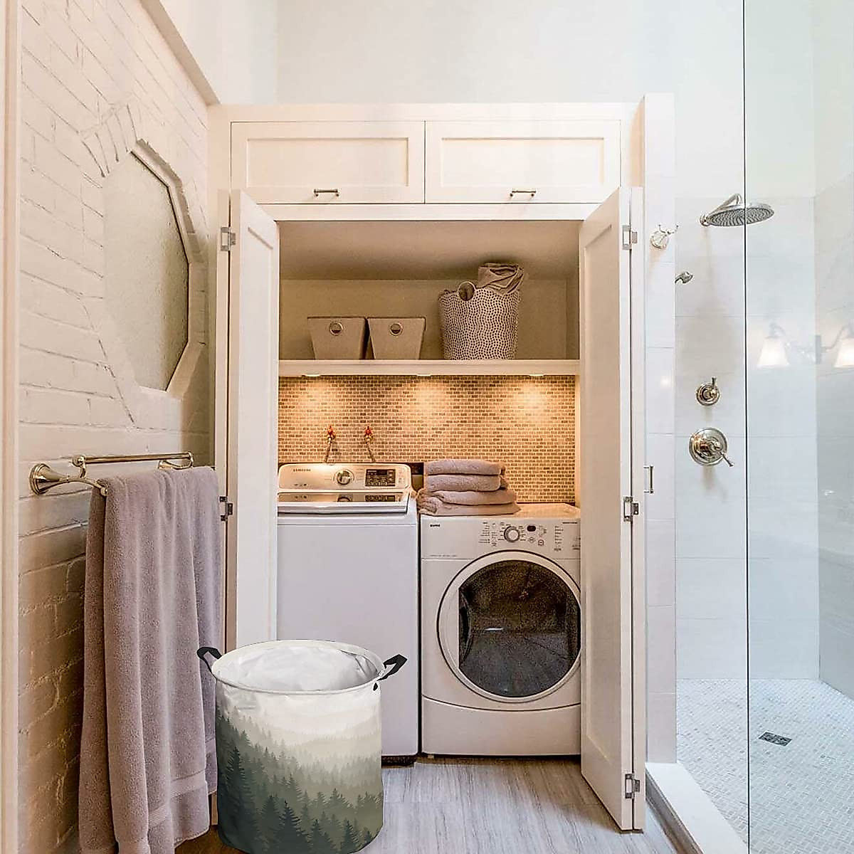 LiDU 17-inch Laundry Hamper Foldable Laundry Basket, Fog in Forest Waterproof Clothes Hamper for Bathroom Bedroom Living Room, Fogforest Army Green Toy Baskets for Dollhouse, 16.5inDx17inH