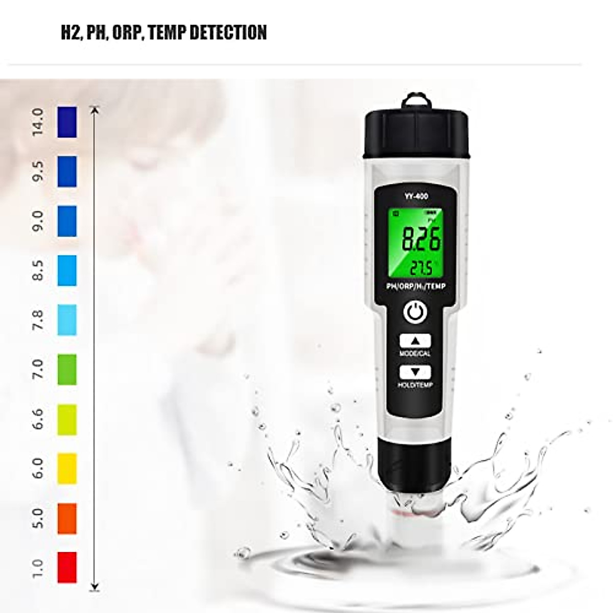 Digital Water Quality Tester, Four Functions in One, Pen Shaped Design, Detachable Design, LCD Digital Display for Measuring PH, ORP, H2 Hydrogen Content and Temperature Value